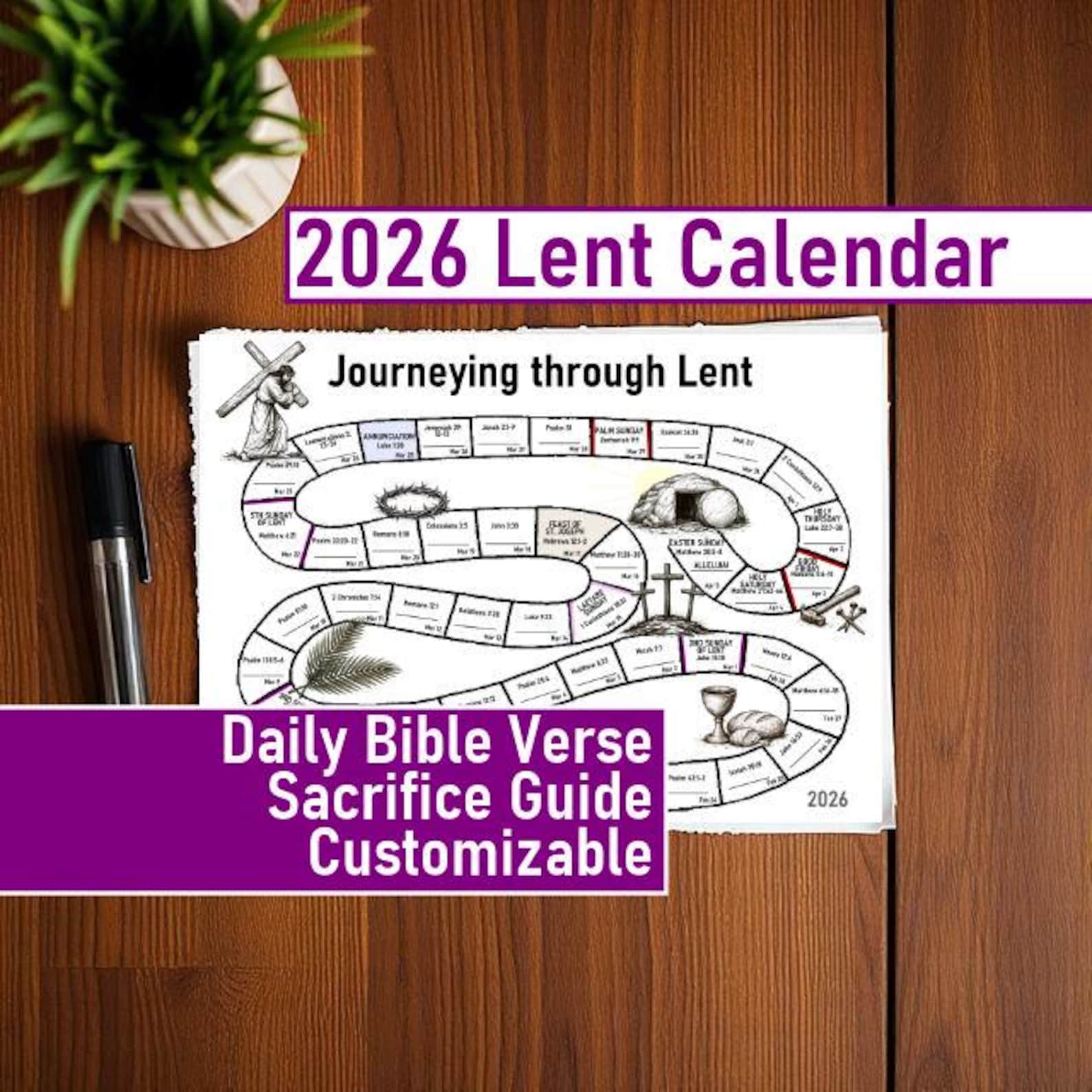 Printable Lenten Calendar | Daily Bible Verses, Sacrifice Tracker (PDF ...