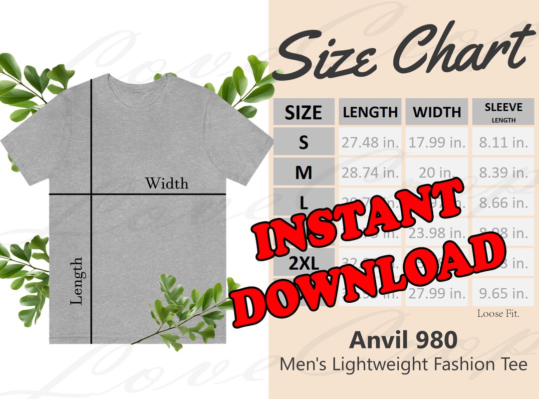 Anvil 980 Size Chart Anvil 980 Sizes Anvil 980 Size Guide - Etsy