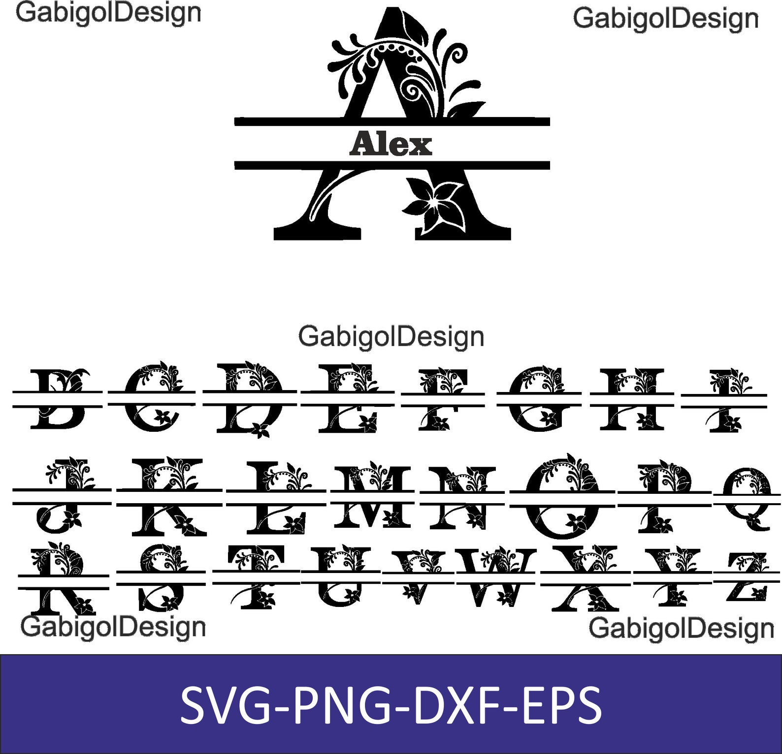 Split Monogram Font Letters Svg Png Dxf Files, Cricut Monogram Frame ...