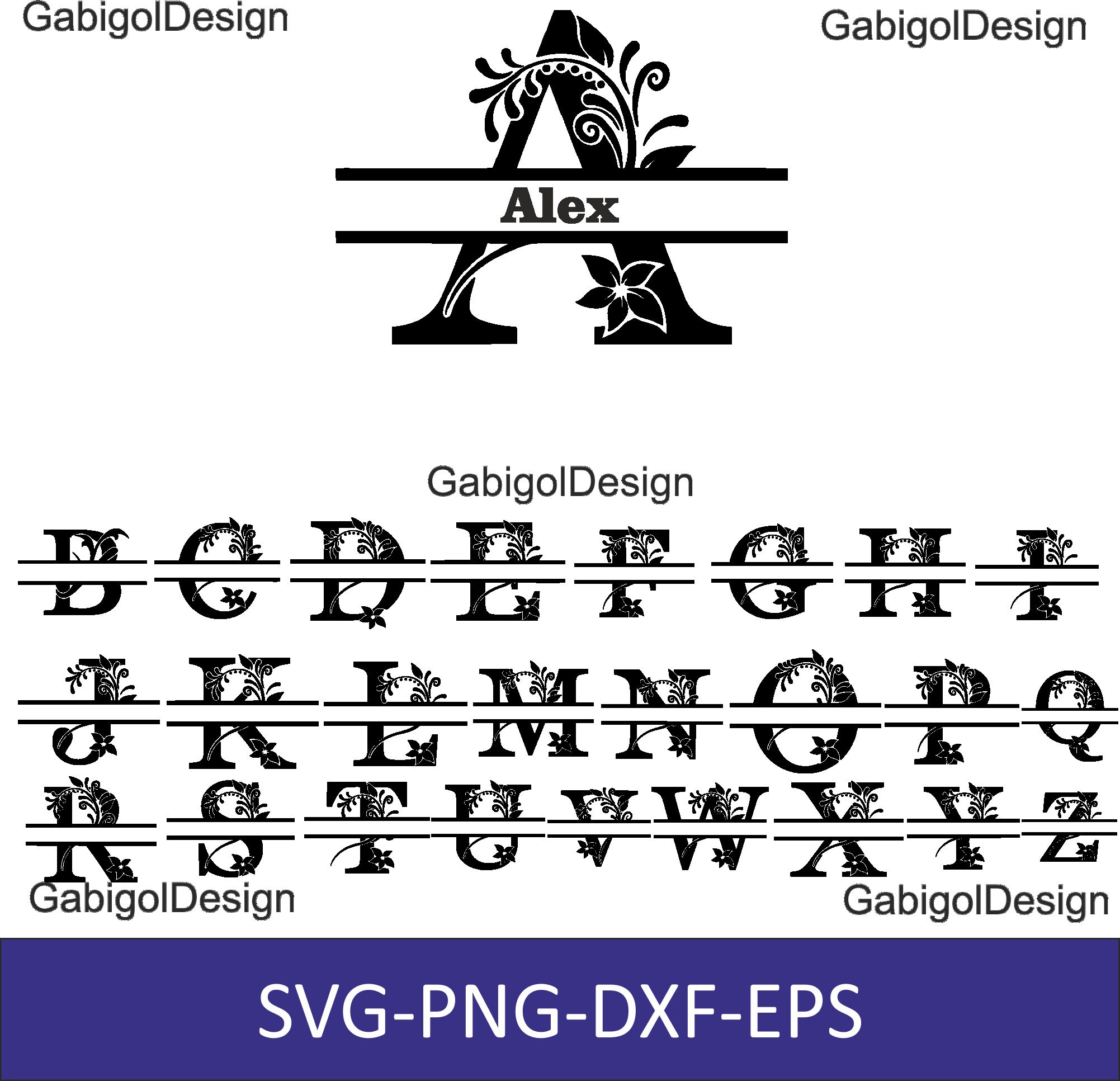 Split Monogram Font Letters Svg Png Dxf Files, Cricut Monogram Frame ...