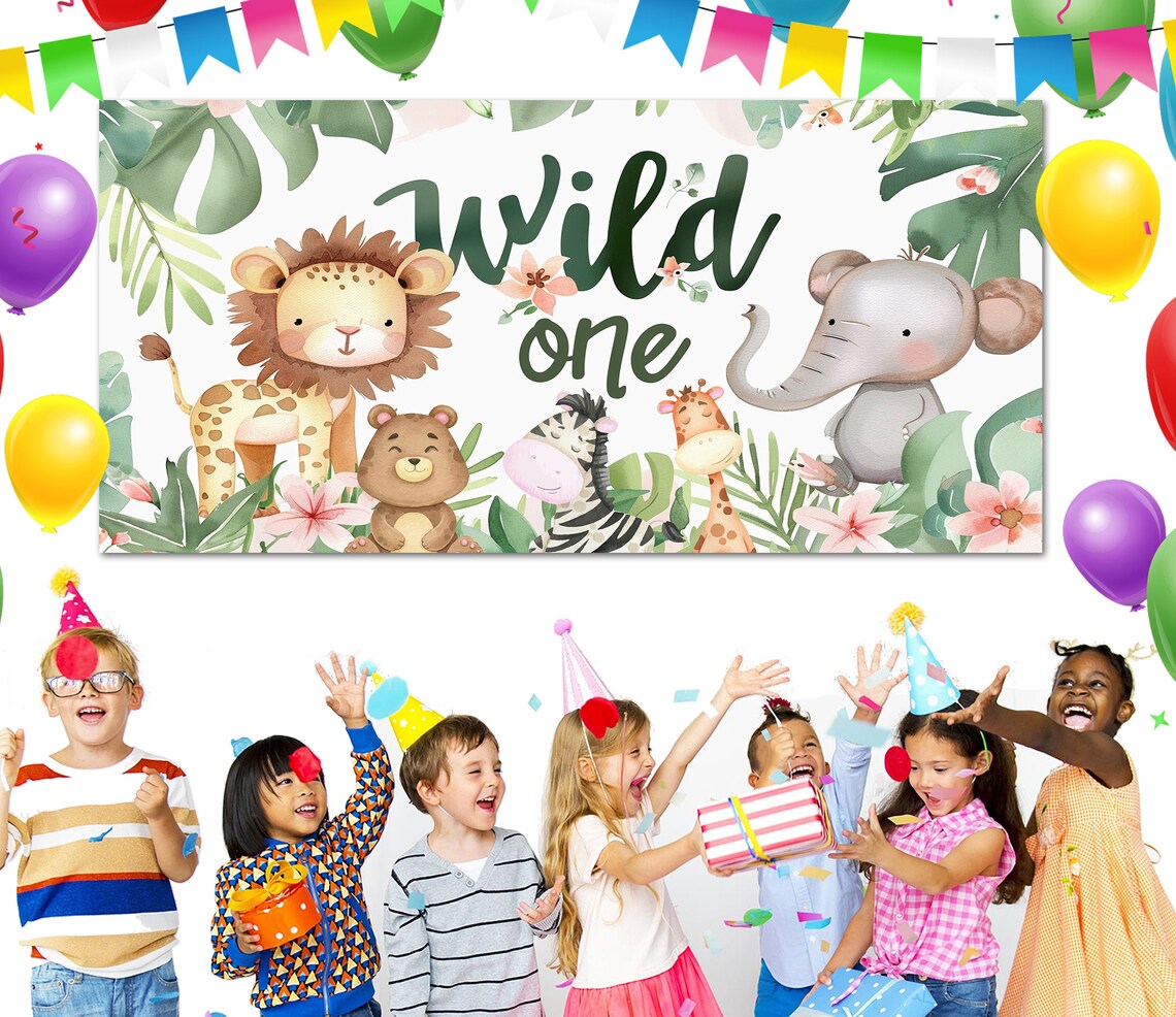 Wild One Backdrop Girl Jungle Safari Animals 1st Birthday Vinyl ...