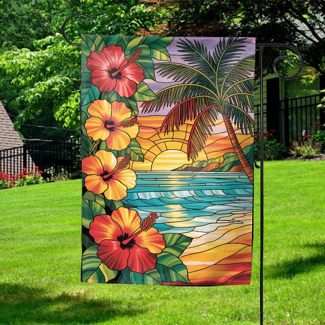 Beach Scene Tropical Palm Tree Garden Flag/stained Glass Look Beach ...