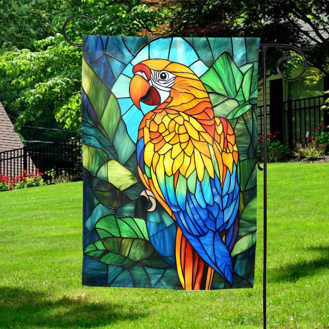 Scarlet Red Macaw Parrot Garden Flag, Summer Garden Flag, Stained Glass ...