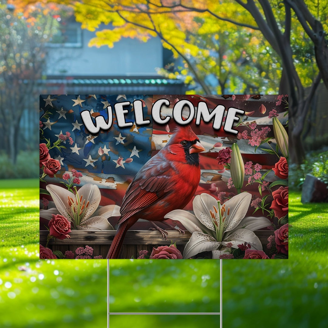 Red Cardinal and Flowers Yard Sign With H Stake, Independence Day Sign ...