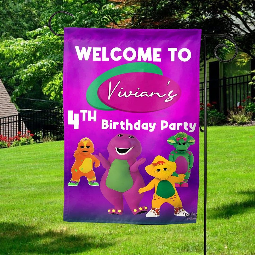 Barney Birthday Garden Flag, Custom Dinosaur Party Yard Sign, Barney ...