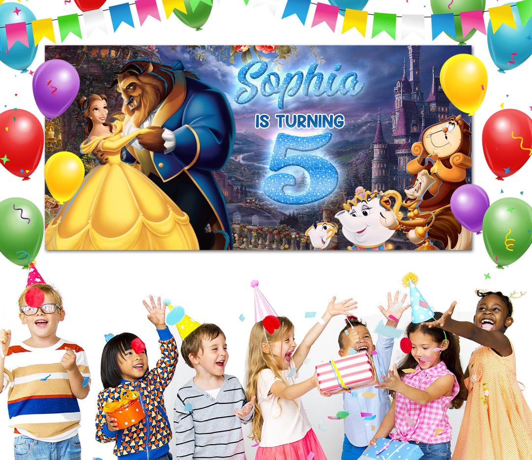 Disney Princess Belle Birthday Banner, Baby Shower Party Backdrop, Kids ...