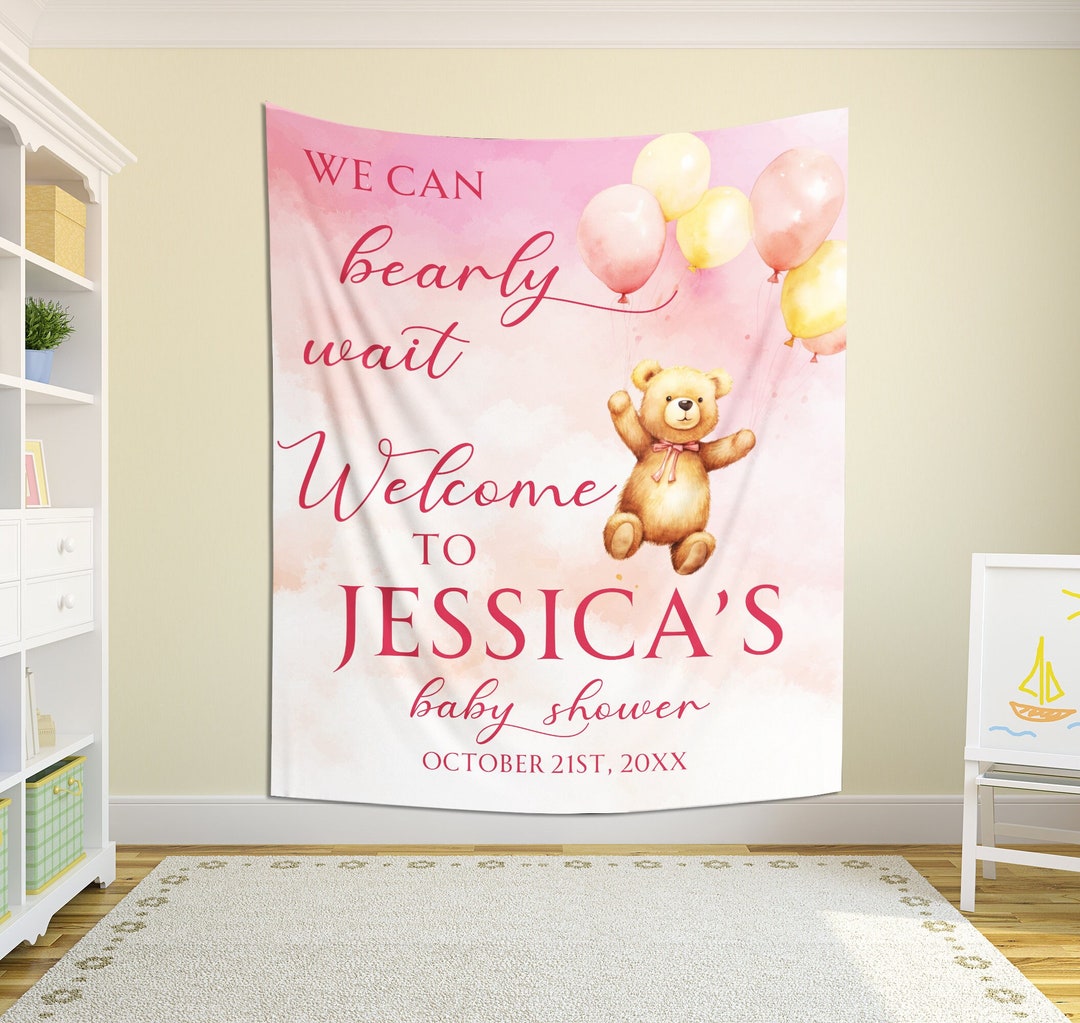 Teddy Bear Baby Shower Banner Sign, Pink Balloon Baby Shower Banner ...