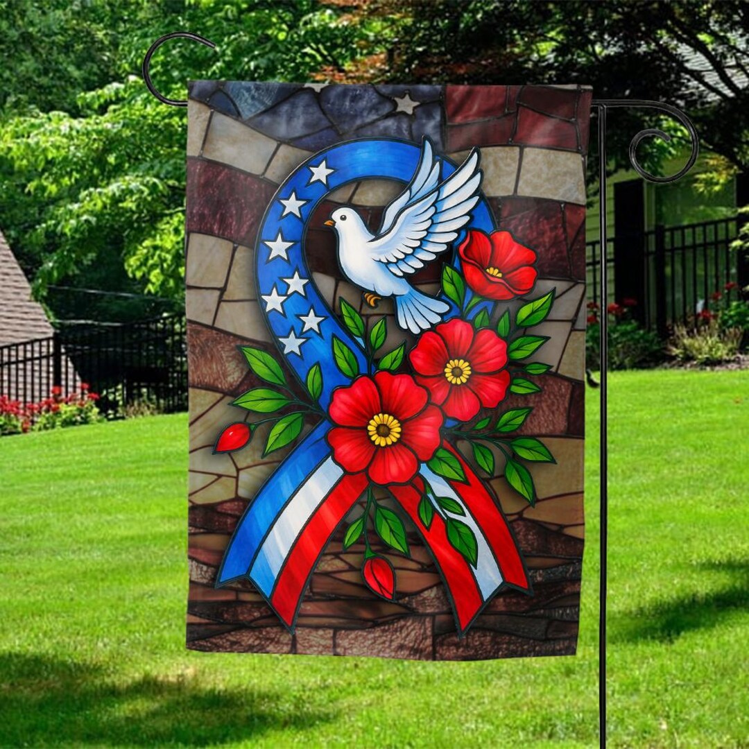 Dove and Poppies Patriotic Stained Glass Garden Flag, Ribbon Tribute ...