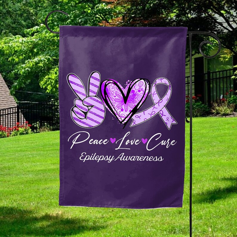 Peace Love Cure Purple Ribbon Epilepsy Awareness Flag, Epilepsy Warrior ...