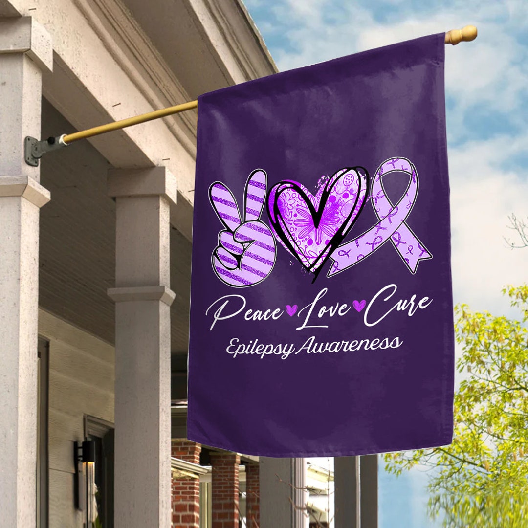 Peace Love Cure Purple Ribbon Epilepsy Awareness Flag, Epilepsy Warrior ...