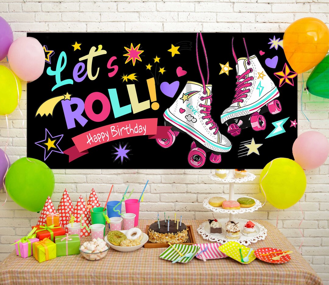 Let's Roll Birthday Backdrop Banner, Girls Roller Skating Neon Rainbow ...