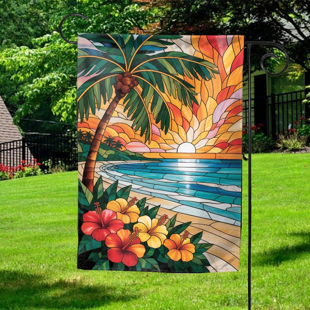 Beach Scene Tropical Palm Tree Garden Flag/stained Glass Look Beach ...