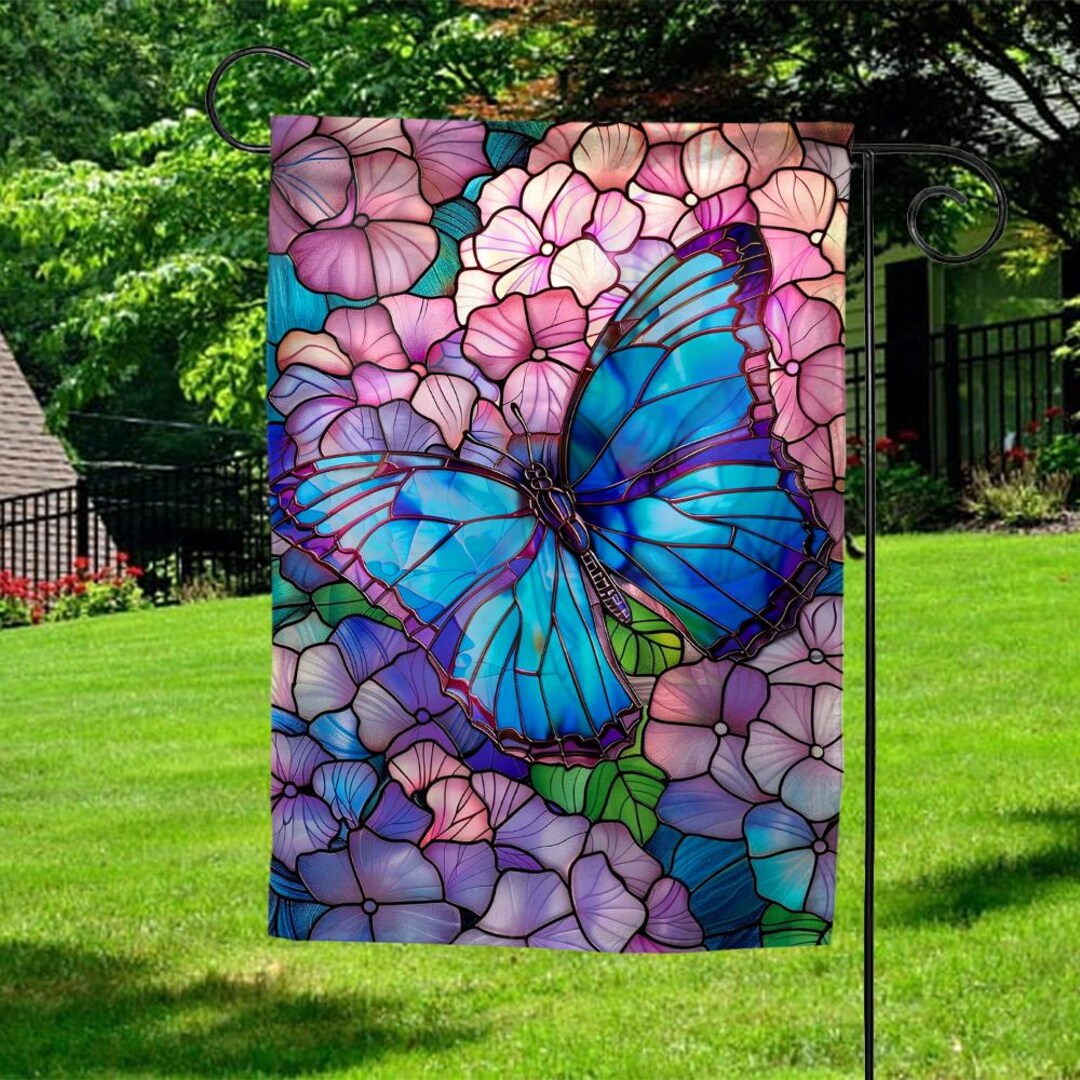 Butterfly Garden Flag/butterfly Flag/stained Glass Floral Garden Flag ...
