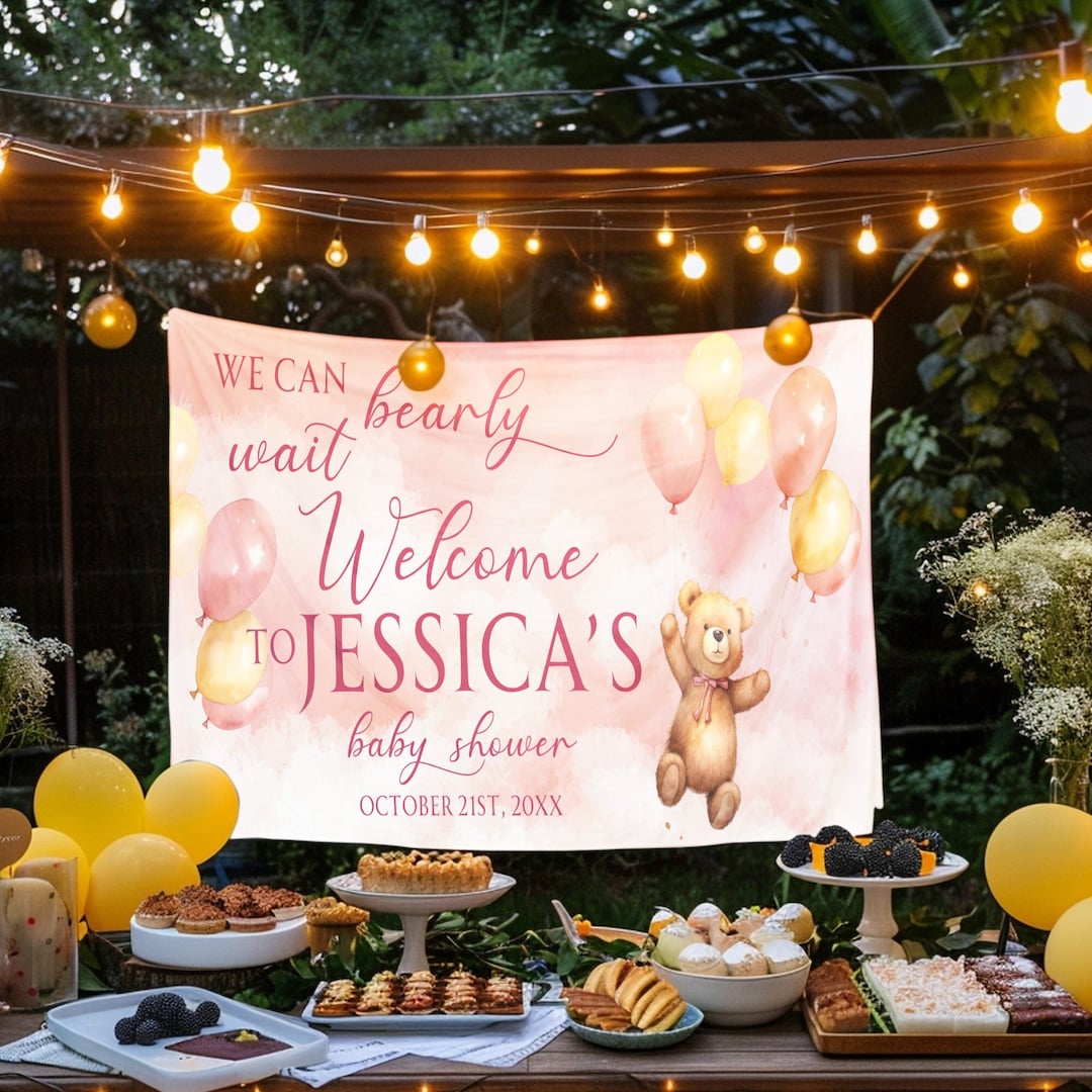 Teddy Bear Baby Shower Banner Sign, Pink Balloon Baby Shower Banner ...