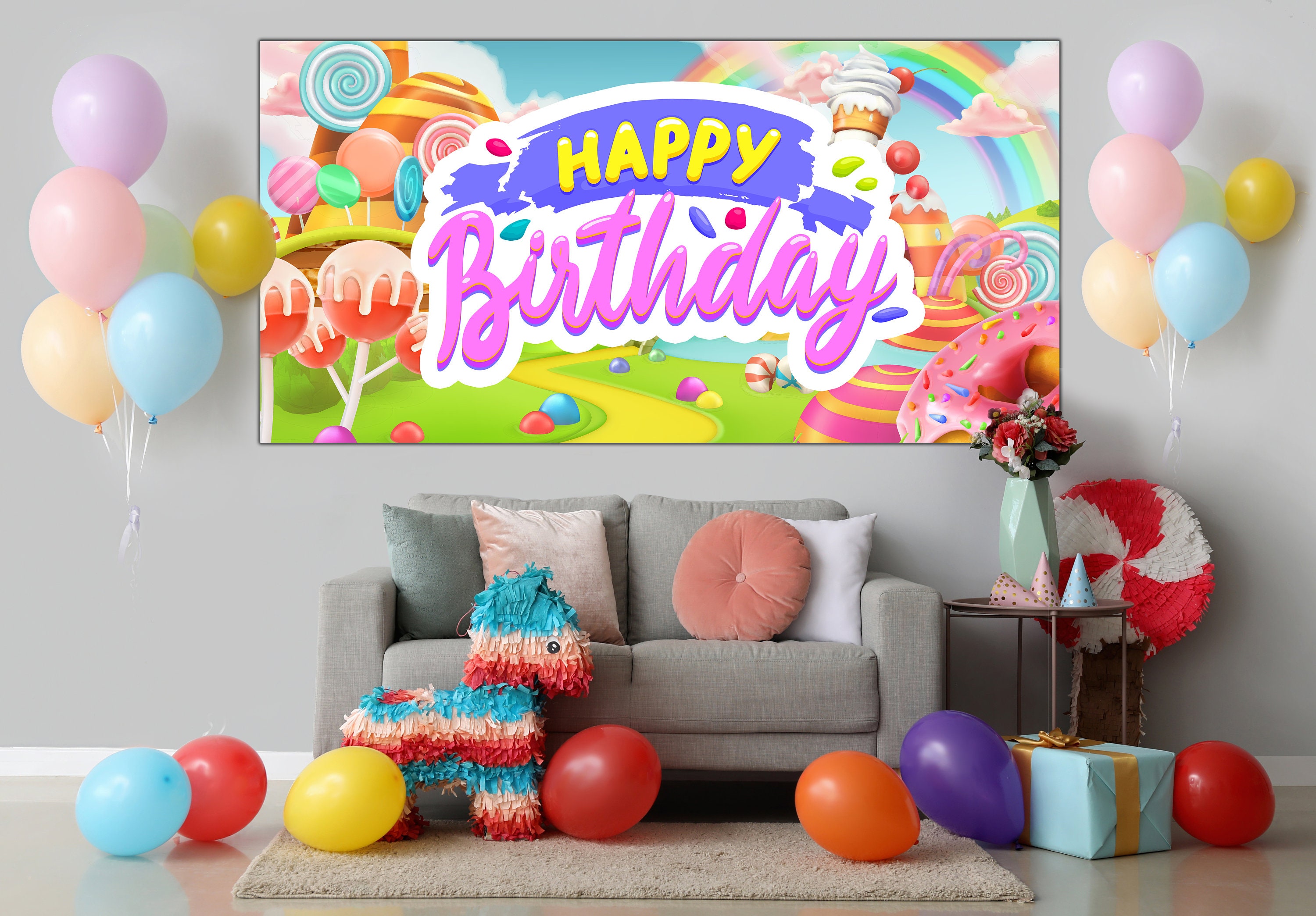 Candyland Theme Party Backdrop Cartoon Rainbow Lollipop Sweet Donut Ice ...
