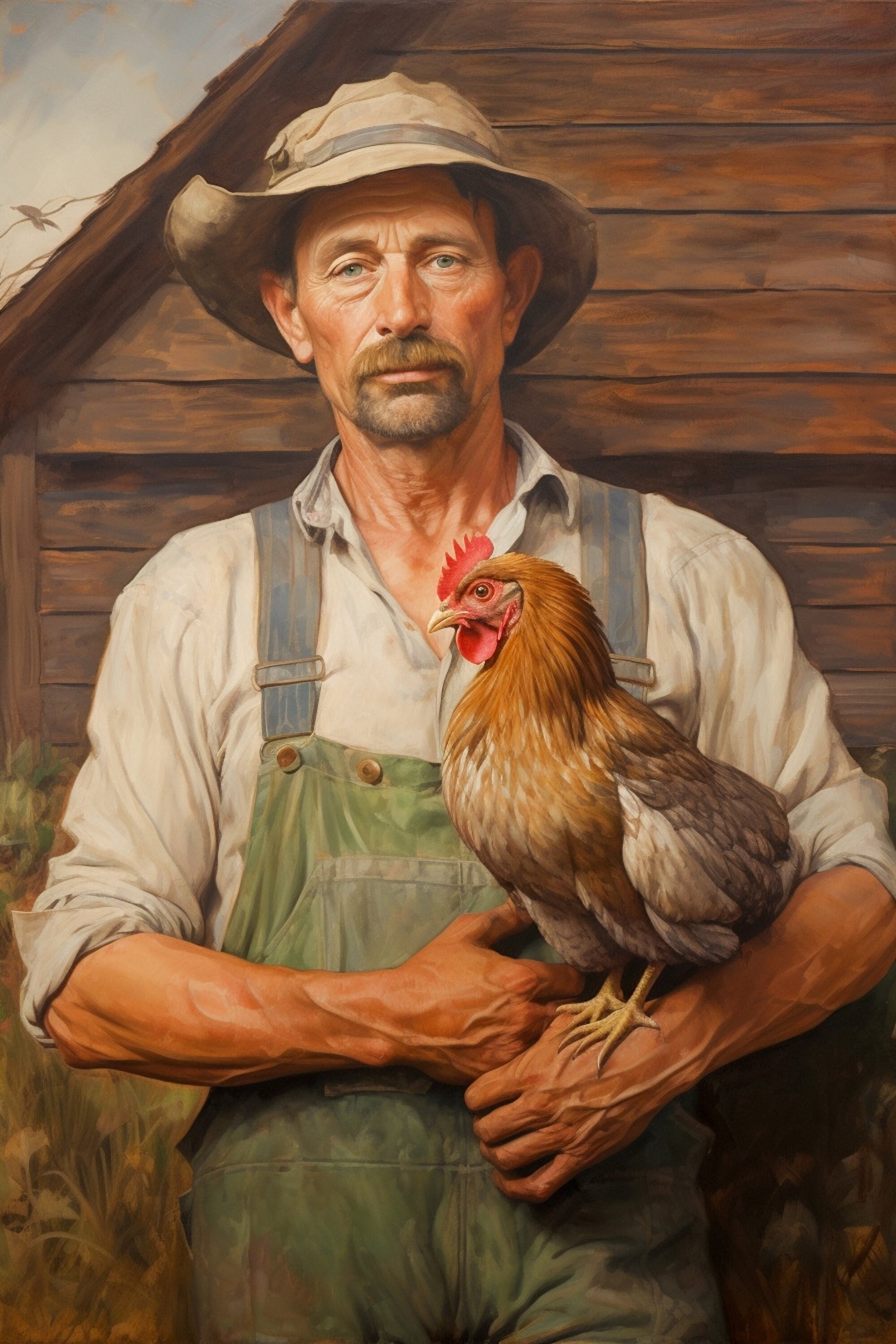 Vintage Farm Print Farmer and His Rooster Farmhouse Country Art Vintage ...