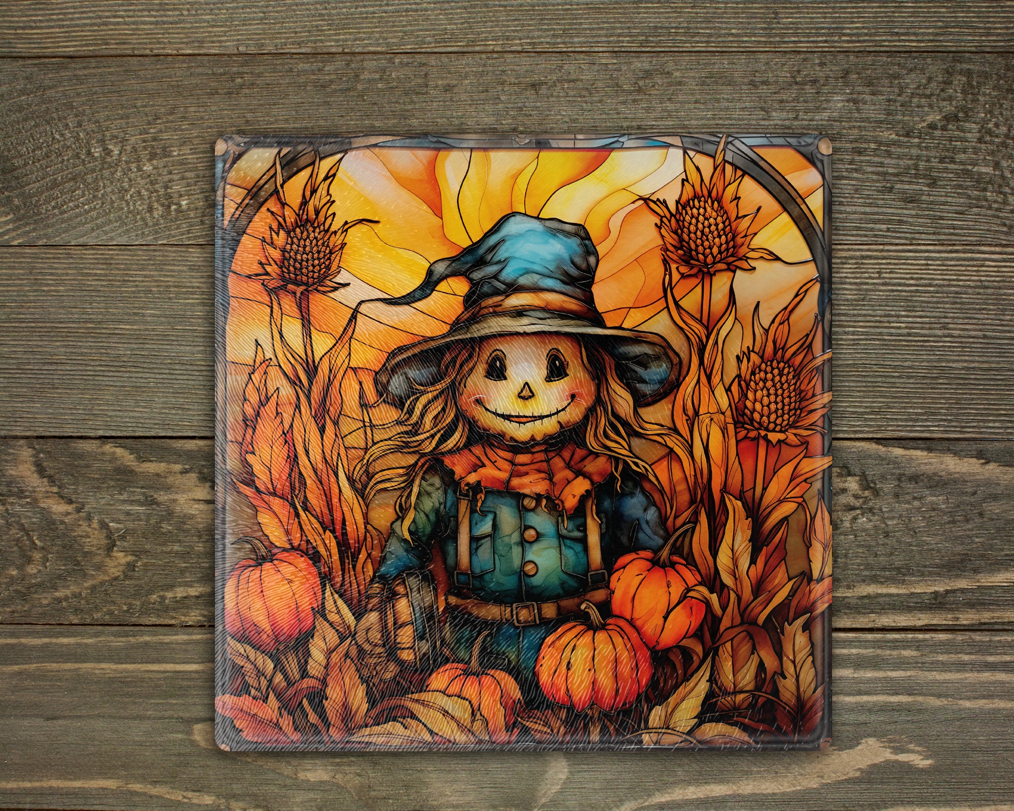 Stained Glass Fall Scarecrow, Kitchen Glass Cutting Board Sublimation ...