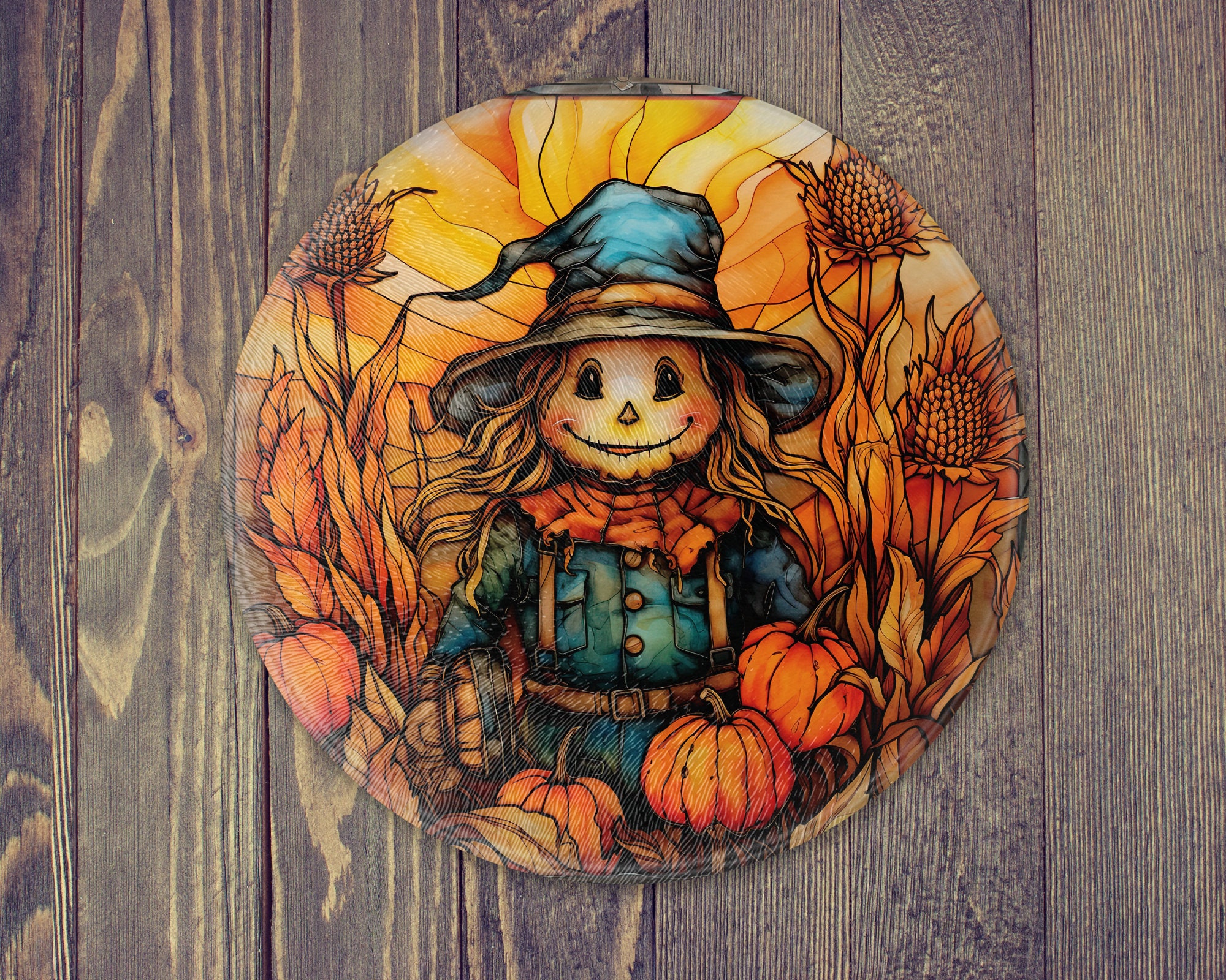 Stained Glass Fall Scarecrow, Kitchen Glass Cutting Board Sublimation ...