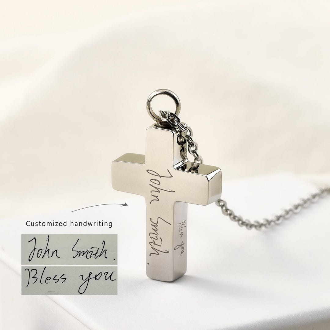 Handwriting Engraved Cross Urn Necklace: Stainless Steel Memorial ...