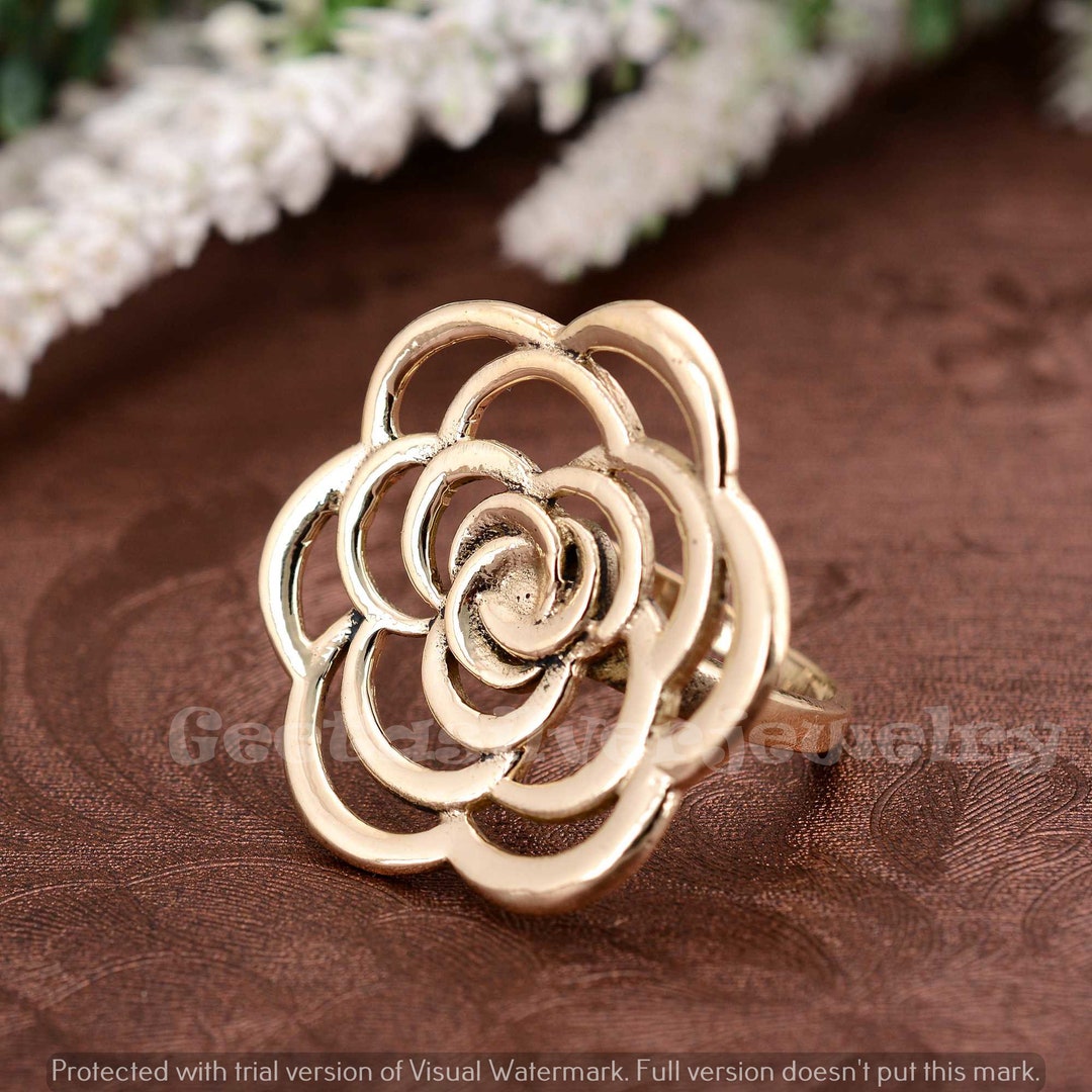 Large Gold Flower Ring, Big Chunky Nature Summer Boho Ring, Adjustable ...