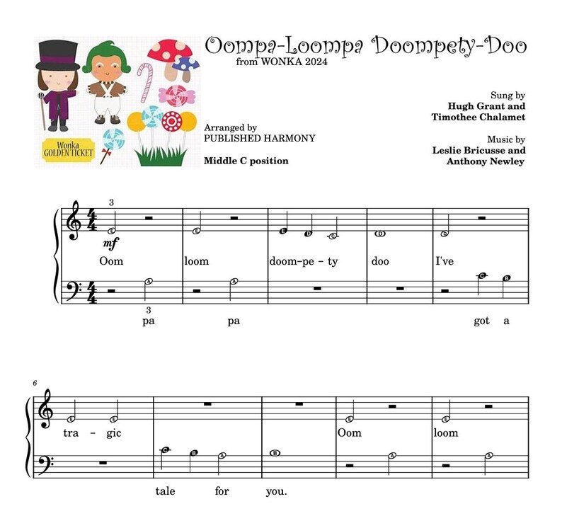 Oompa Loompa Doompety Doo | Easy Piano Sheet Music Score With Note ...