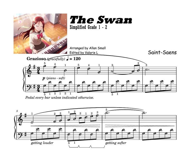 The Swan SAINT-SAENS (grade 1) Digital Piano Sheet With Note Name and ...