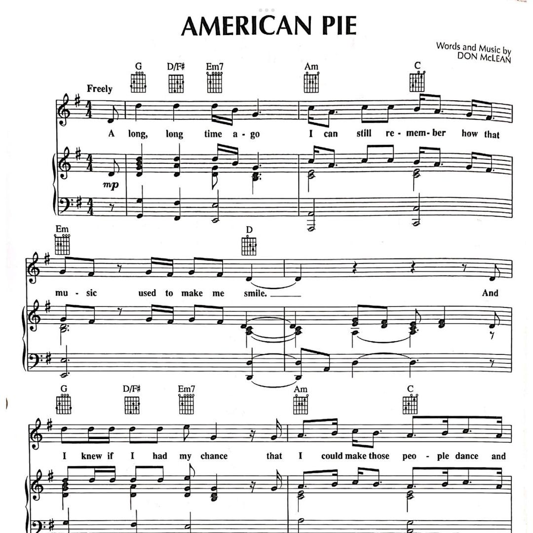 American Pie | Piano Sheet Music Score Full Version Piano Vocal Guitar ...