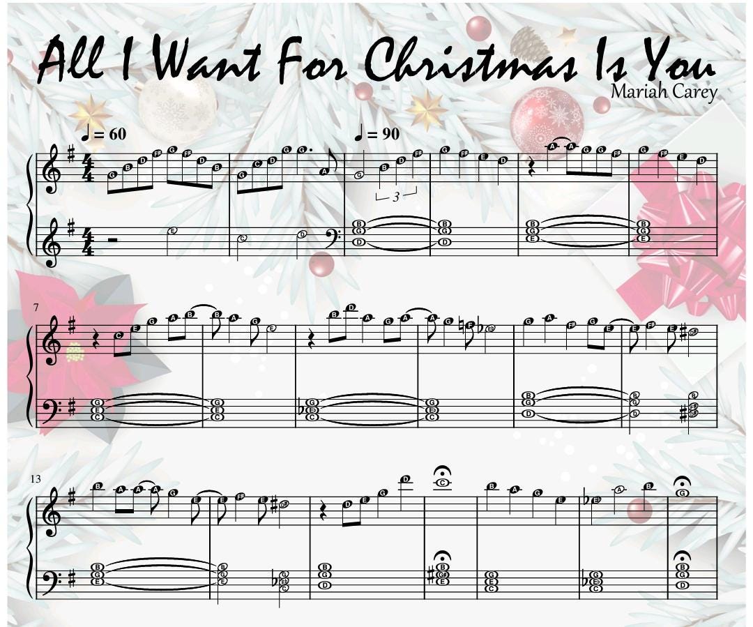 All I Want for Christmas is You Piano Sheet Music Score With Note Names ...