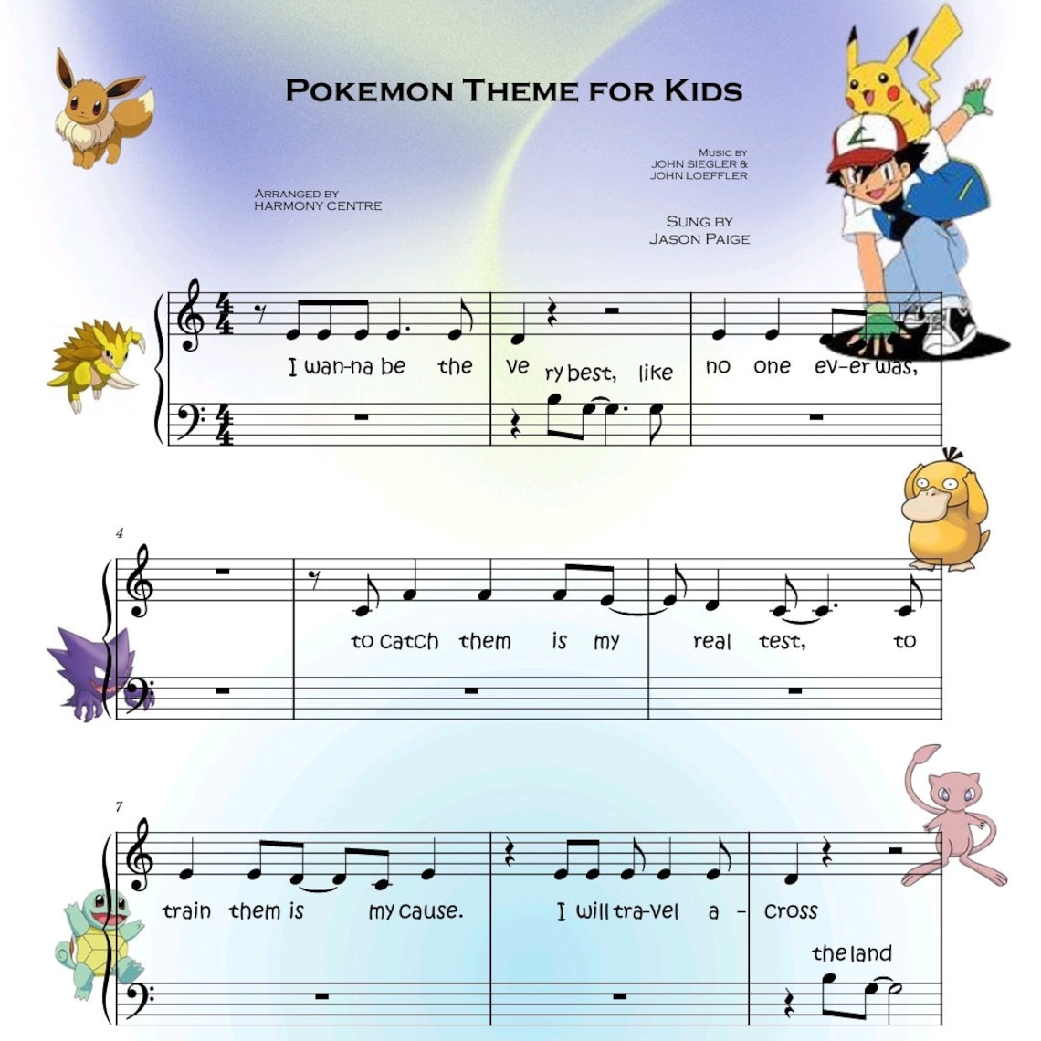 Pokémon_theme for Kids Attractive Piano Sheet Music Score With Note ...