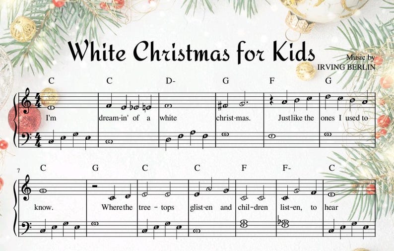 White Christmas for Kids - Piano Sheet Music Score With Note Names and ...