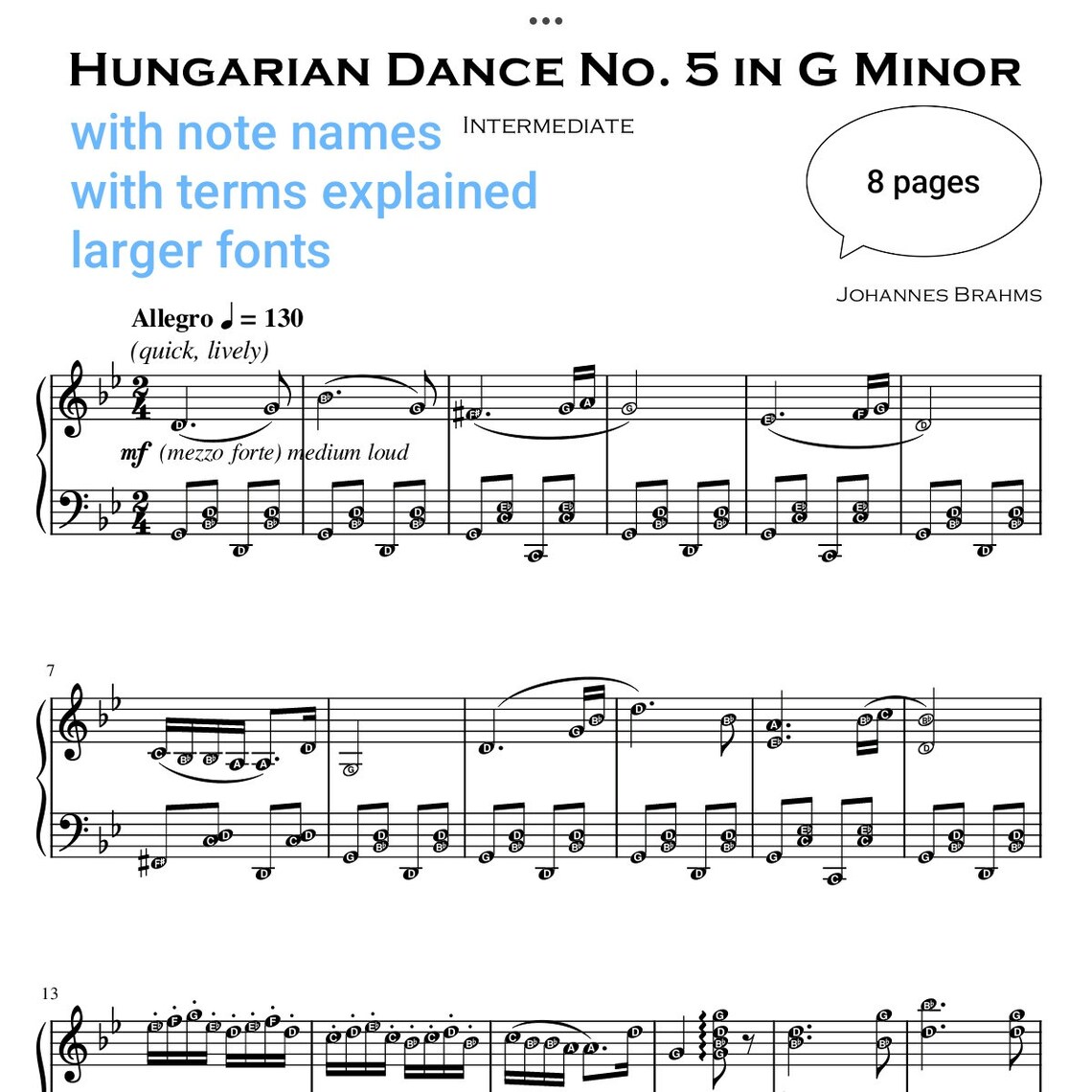 Hungarian Dance No. 5 in G Minor BRAHMS Piano Solo Sheet Music With ...