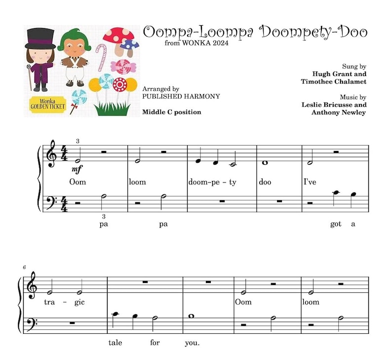 Oompa Loompa Doompety Doo | Easy Piano Sheet Music Score With Note ...