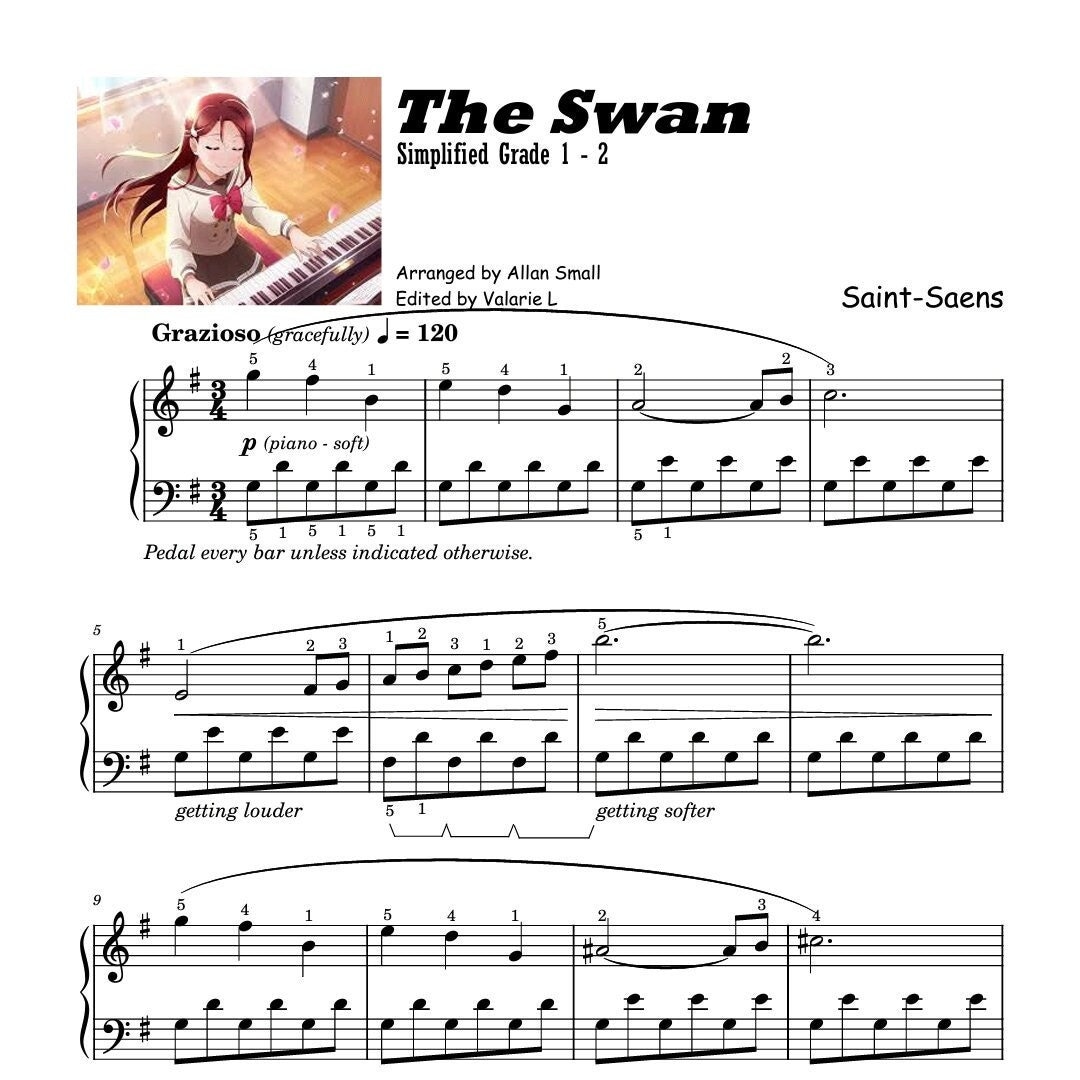 The Swan SAINT-SAENS (grade 1) Digital Piano Sheet With Note Name and ...