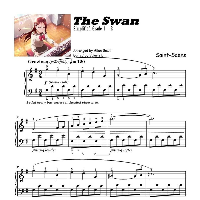 The Swan SAINT-SAENS (grade 1) Digital Piano Sheet With Note Name and ...