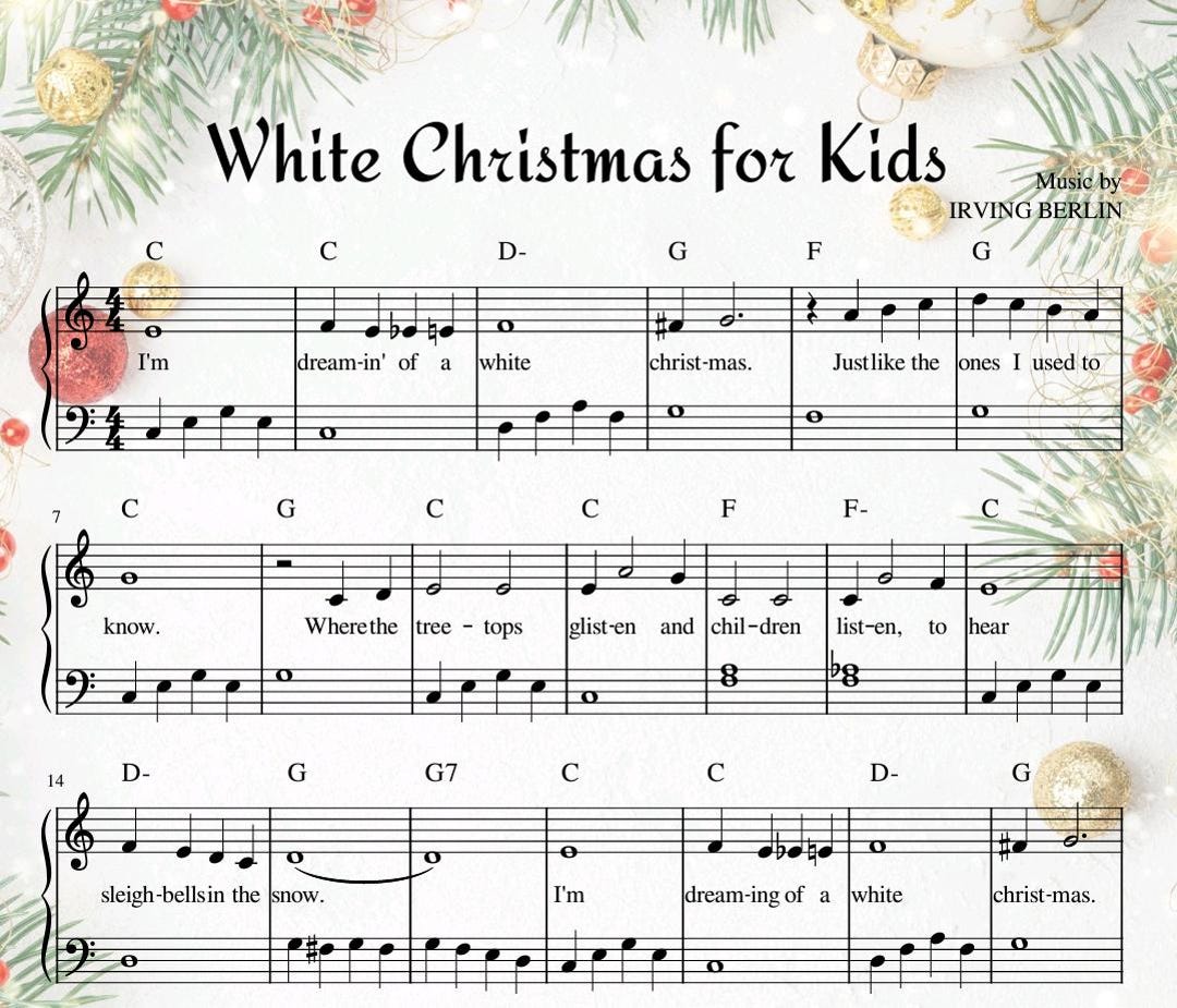White Christmas for Kids - Piano Sheet Music Score With Note Names and ...