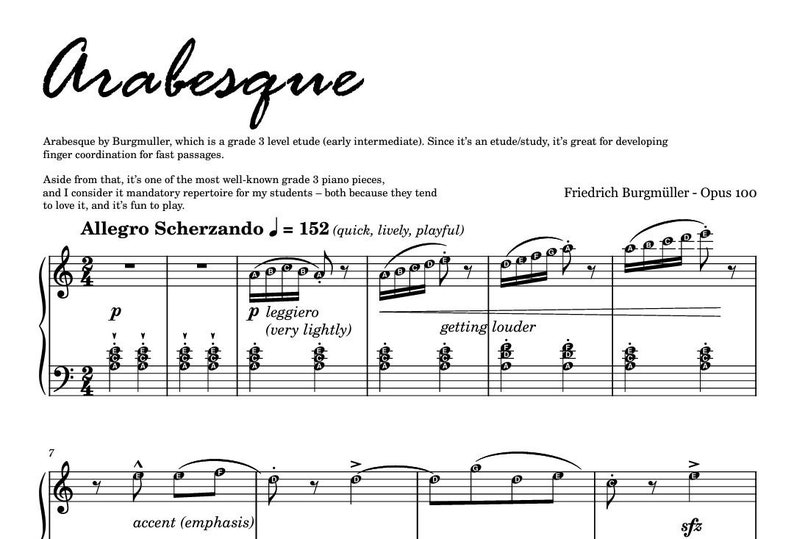 ARABESQUE BURGMULLER (grade 2) Digital Piano Sheet and Audio Sample - Etsy