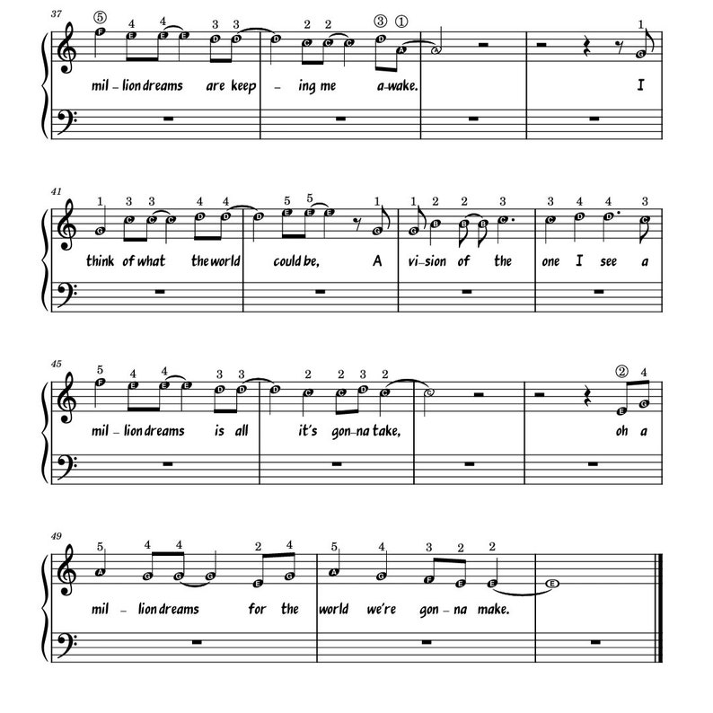 A Million Dreams for Kids | Easy Piano Sheet Music Score With Note ...