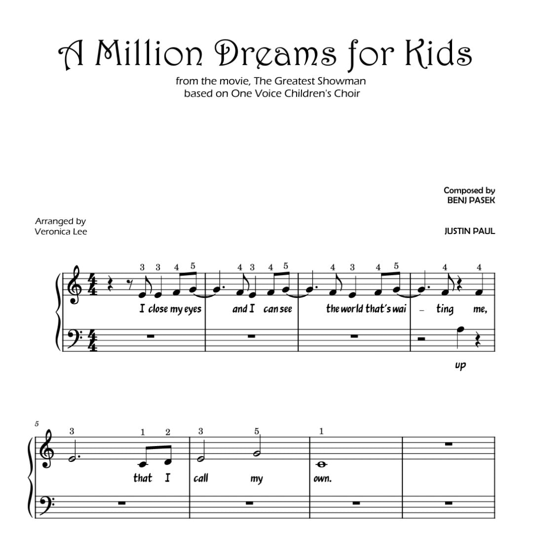 A Million Dreams for Kids | Easy Piano Sheet Music Score With Note ...