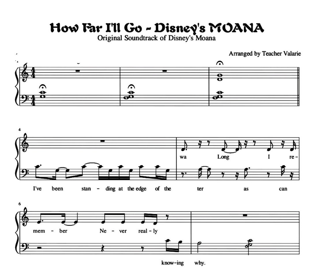 How Far I'll Go by Moana for Piano Beginners Kids Easy Piano - Etsy