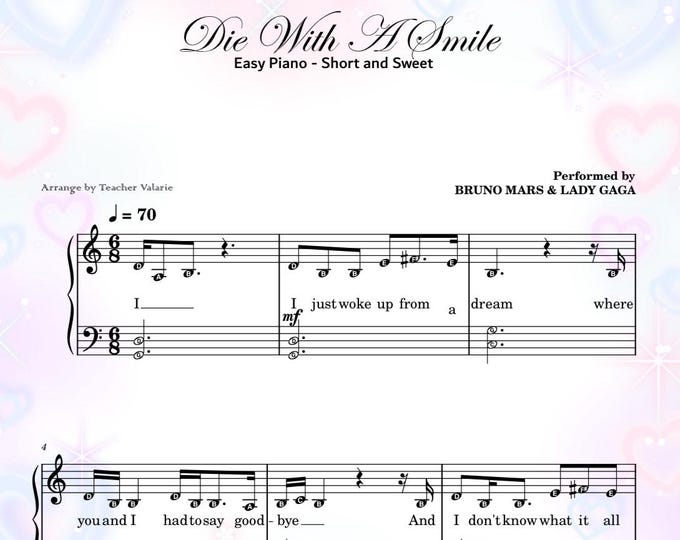 Die With A Smile Piano Sheet Music: Easy Grade 3 (PDF) - Etsy Canada