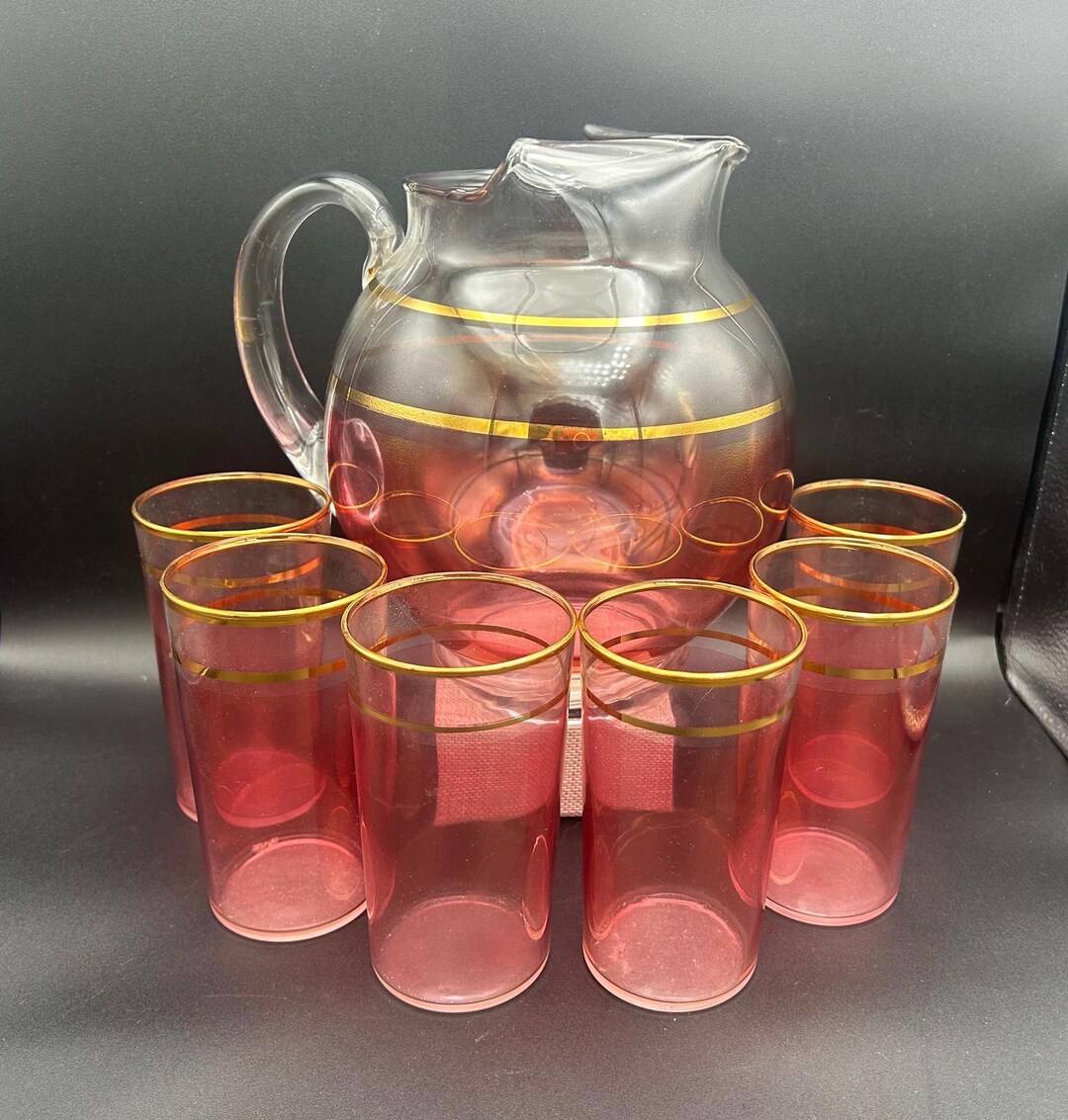 Macbeth-evans Cranberry Stained Striped Ball Pitcher and Six Glasses - Etsy