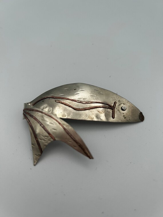 Handmade Hammered Silver and Copper Fish Pin - Gem