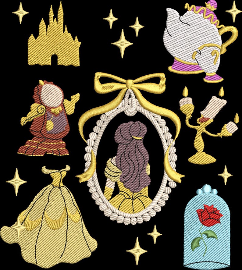 Beauty and the Beast Embroidery Design Set With Belle Portrait Gown ...