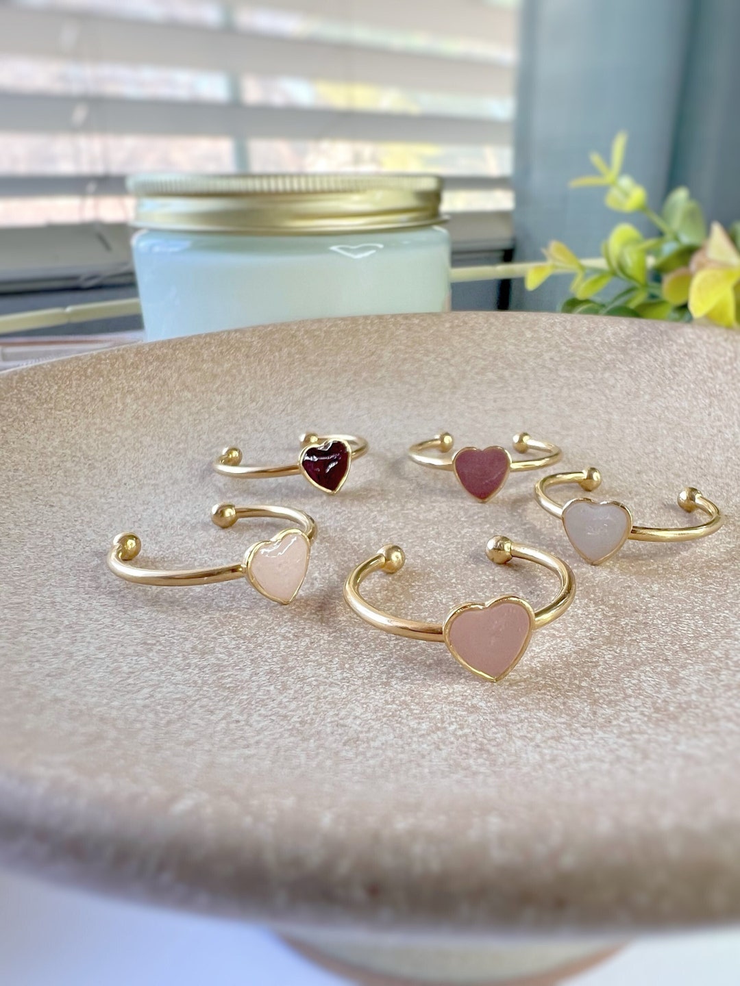 Adjustable Gold Heart Rings With Small Marbled Polymer Clay Piece ...