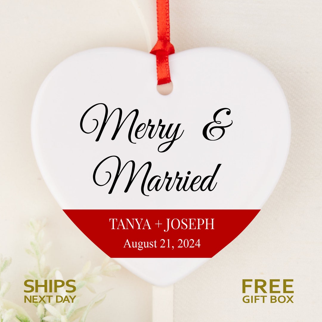 Personalized Merrily Married Ornament • Porcelain Heart Ornament ...