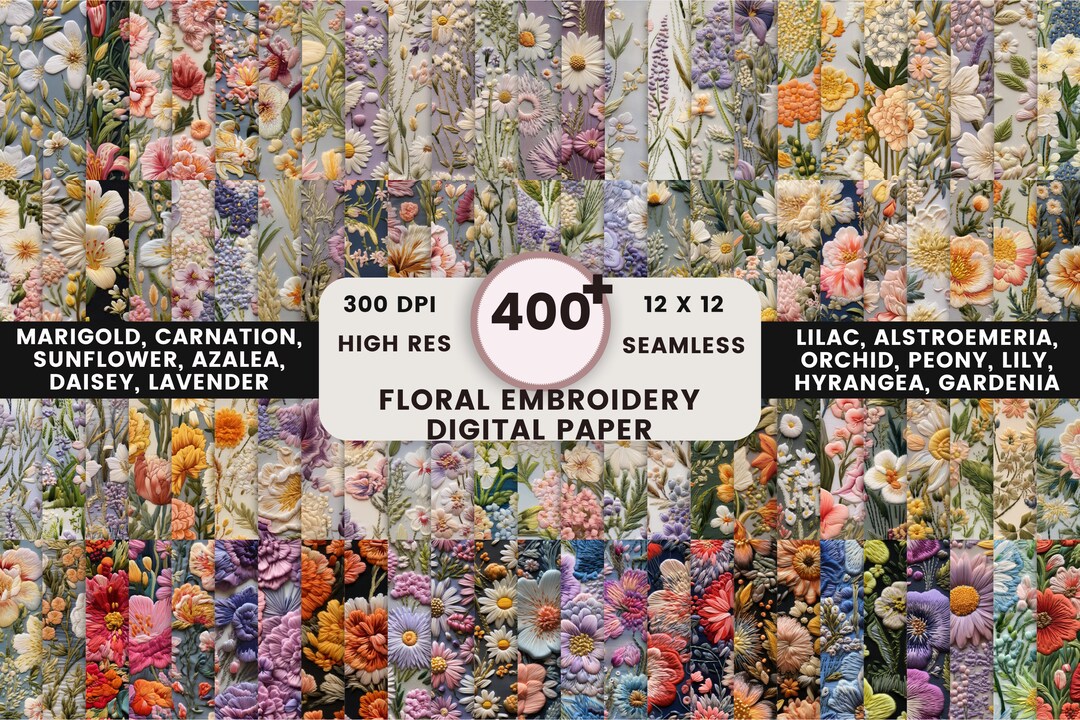 Embroidered Flowers Digital Paper, Flower Pattern, Floral Embroidery ...