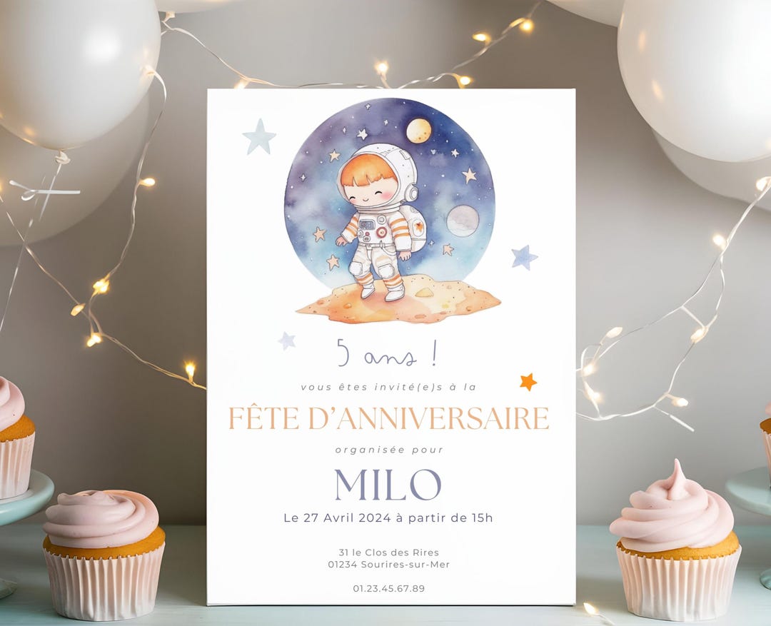Boy Birthday Invitation Template, Cosmonaut Theme Birthday Canva ...