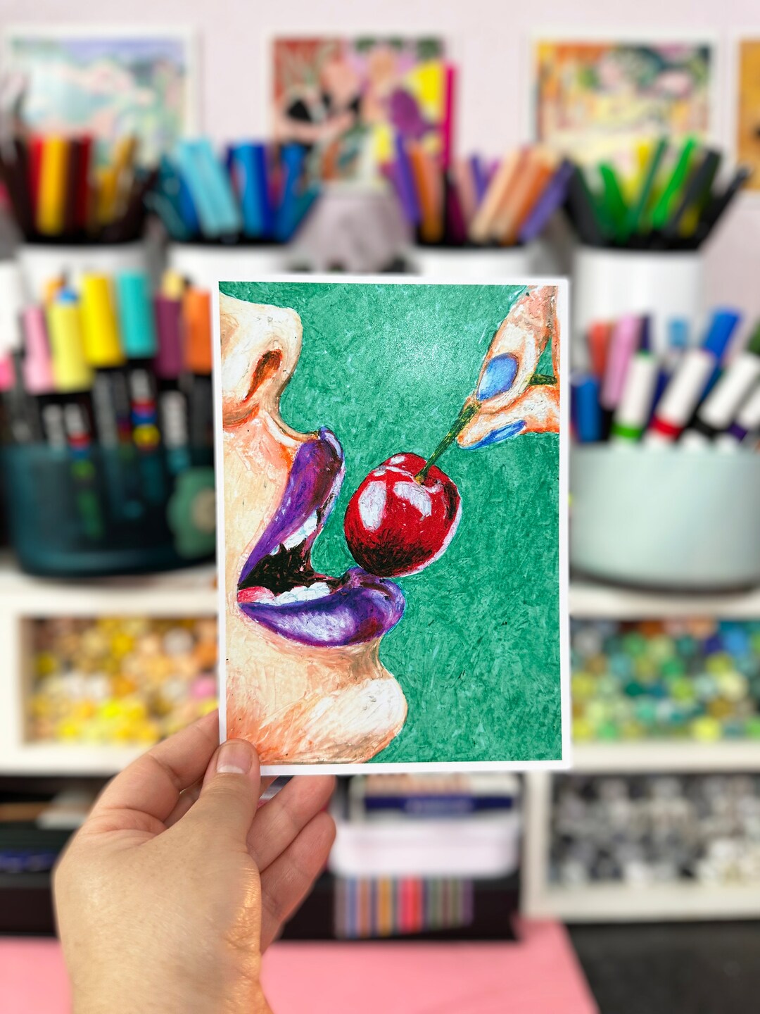 Cherry Painting in Oil Pastels 5x7 Art PRINT Pop Art - Etsy