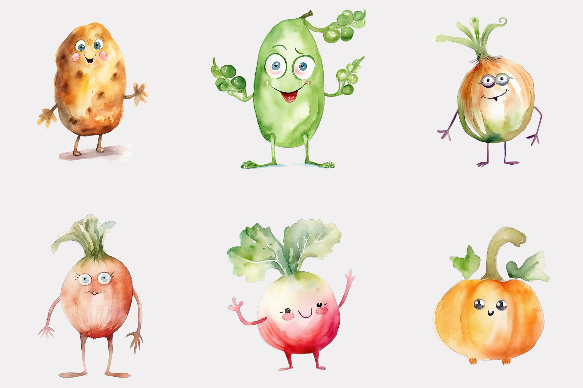 Watercolour Whimsical Veggie Friends Clipart Bundle, Adorable ...