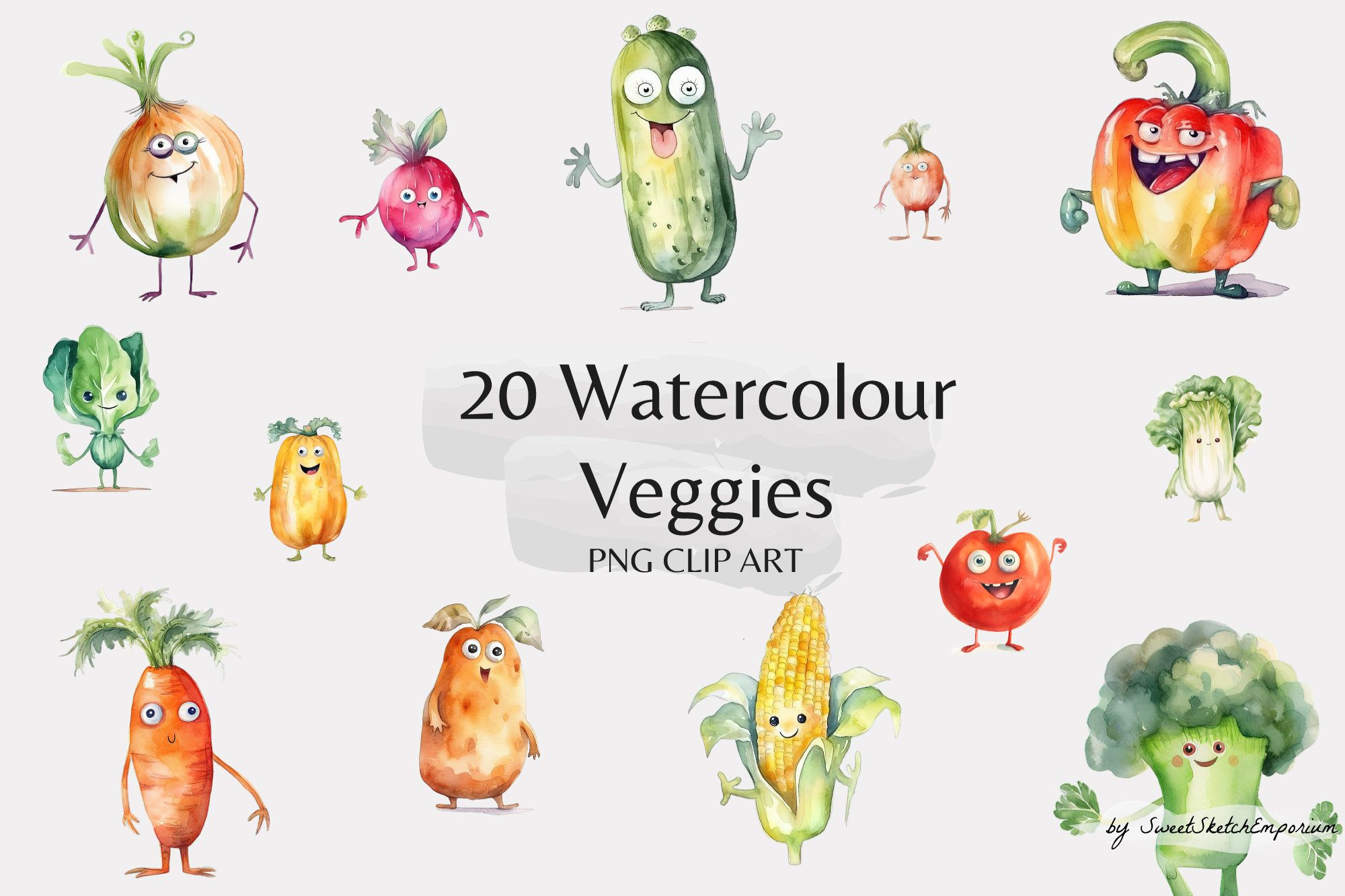 Watercolour Whimsical Veggie Friends Clipart Bundle, Adorable ...